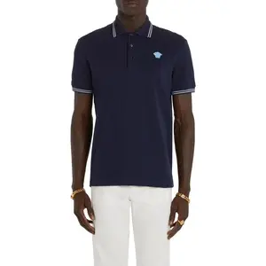 Versace Tipped Embroidered Medusa Cotton Piqué Polo Navy Blue