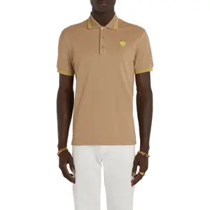 Versace Tipped Embroidered Medusa Cotton Piqué Polo Sand