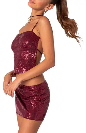 EDIKTED Cosmo Sequin Crop Top - Bordeaux