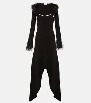 Attico Feather-trimmed Jersey Midi Dress - Black
