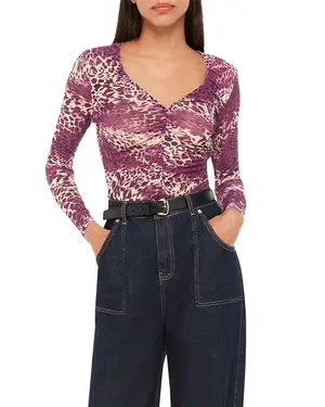 Whistles Sahara Leopard Mesh Ruched Long Sleeve Top