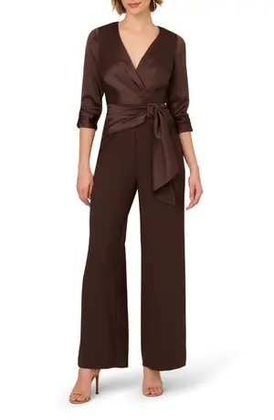Adrianna Papell Belted Wide Leg Jumpsuit - Dark Brown