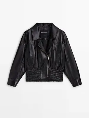 Massimo Dutti Nappa Leather Stretch Bomber Jacket Studio - Black