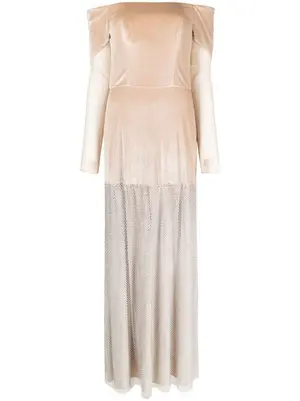 BAZZA ALZOUMAN Off-shoulder Rhinestone-embellished Gown - Neutrals