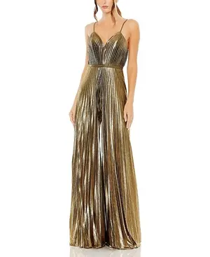 Mac Duggal Metallic Pleated Jumpsuit - Antique Gold-tone