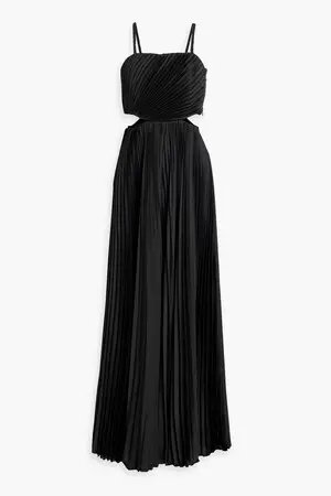 Alice + Olivia Powell Cutout Pleated Satin Wideleg Jumpsuit - Black