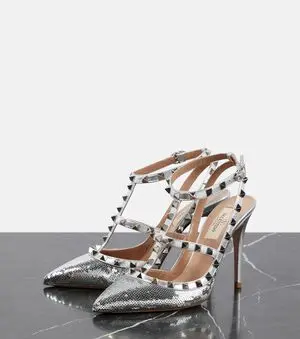 Valentino Garavani Rockstud 100 Sequined Pumps - Silver