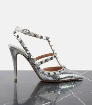 Valentino Garavani Rockstud 100 Sequined Pumps - Silver