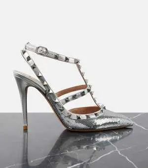 Valentino Garavani Rockstud 100 Sequined Pumps - Silver
