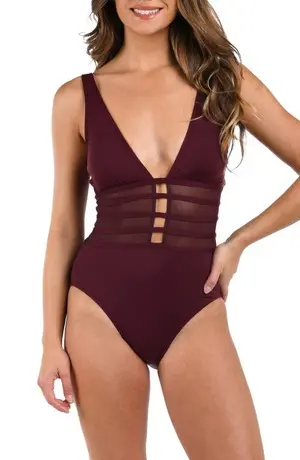 La Blanca Strappy Mesh Inset One-piece Swimsuit - Dark Cherry