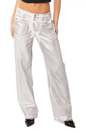 EDIKTED Jolene Metallic Straight Leg Jeans - Silver