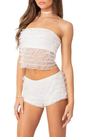 EDIKTED Julianna Sheer Ruffle Tube Top