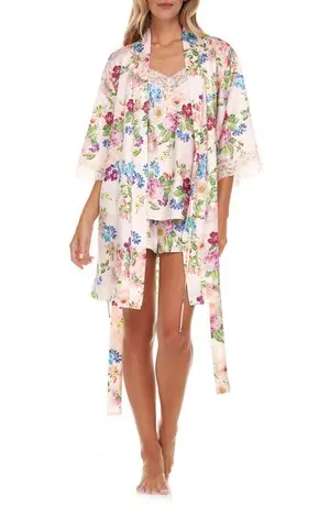 Flora Nikrooz Sabrina Floral Print Satin Short Pajamas & Robe Set Blush