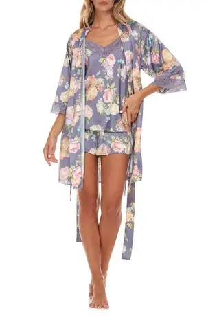 Flora Nikrooz Sabrina Floral Print Satin Short Pajamas & Robe Set Grey