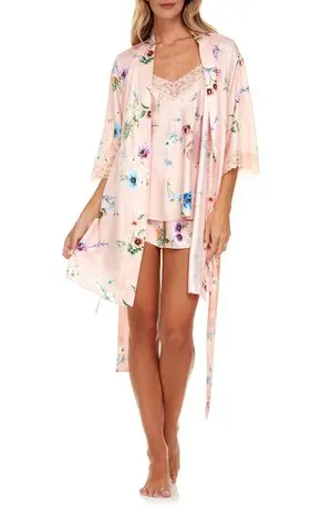 Flora Nikrooz Sabrina Floral Print Satin Short Pajamas & Robe Set Peach