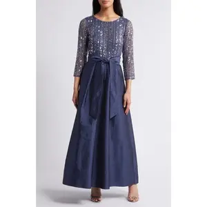 Pisarro Nights Bow Long Sleeve Sequin & Taffeta Gown