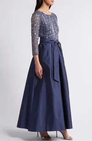 Pisarro Nights Bow Long Sleeve Sequin & Taffeta Gown