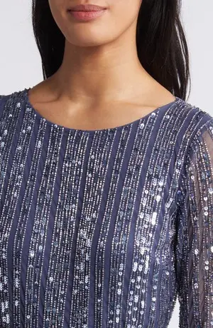 Pisarro Nights Bow Long Sleeve Sequin & Taffeta Gown