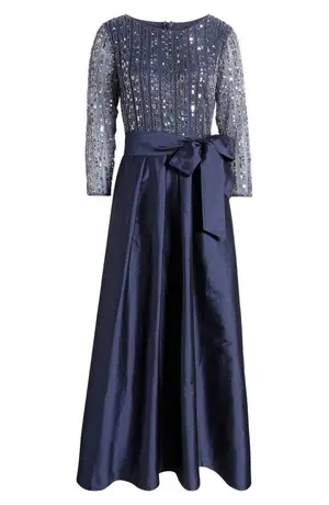Pisarro Nights Bow Long Sleeve Sequin & Taffeta Gown