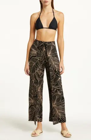 Elan Print Cover-Up Wrap Pants Black/ Natural Tropics