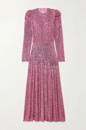Rixo Cerise Gathered Sequined Midi Dress
