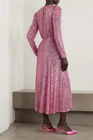 Rixo Cerise Gathered Sequined Midi Dress