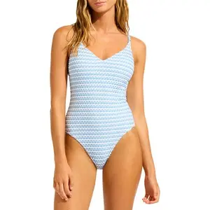 Seafolly Mesh Effect One-piece Swimsuit - Powder Blue/white