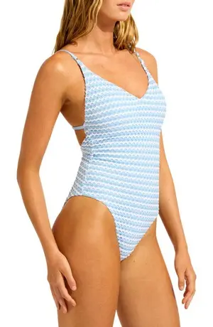 Seafolly Mesh Effect One-piece Swimsuit - Powder Blue/white