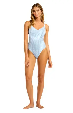Seafolly Mesh Effect One-piece Swimsuit - Powder Blue/white