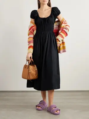 DÔEN Quinn Tie-detailed Shirred Organic Cotton-poplin Midi Dress - Black