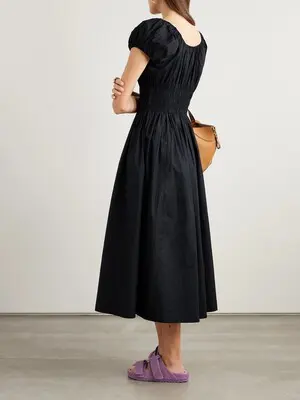 DÔEN Quinn Tie-detailed Shirred Organic Cotton-poplin Midi Dress - Black