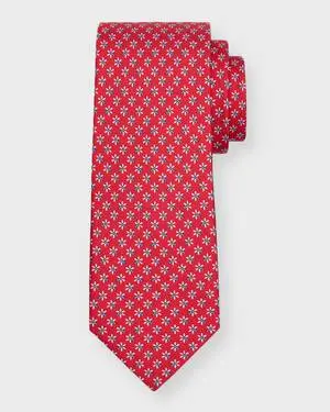 FERRAGAMO Men's Flower And Bee-print Silk Tie Rosso