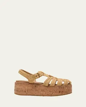 Prada Prada Raffia And Cork Platform Fisherman Sandals - Naturale