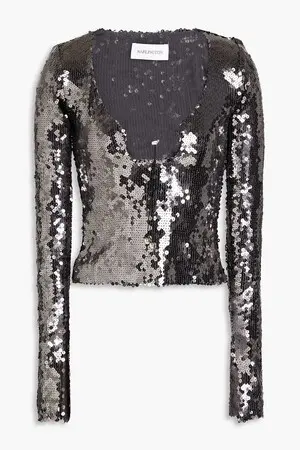 16Arlington Cropped Sequined Mesh Top - Anthracite