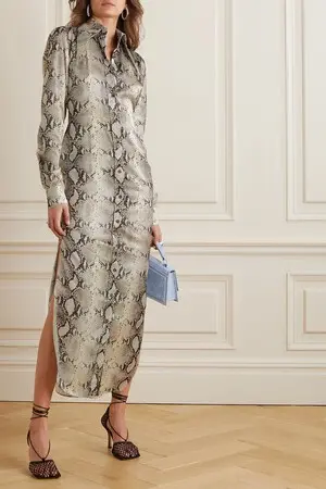 grey snake print shirt dress Boston Proper - Sparkled Snake Neutral - Printed Linen Maxi Shirt Dress