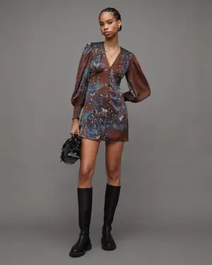 Allsaints Auden Diana Butterfly Print Mini Dress In Deep Coffee Brown - 50%  Off | Editorialist