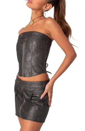EDIKTED Ziva Faux Leather Corset Top - Black