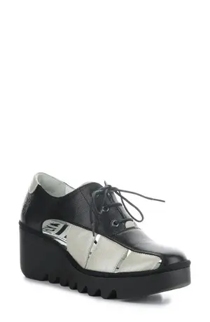 Fly London Bogi Platform Wedge Oxford - 004 Black/silver Mou