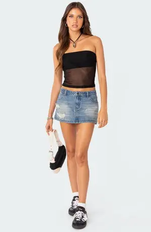EDIKTED Distressed Low Rise Denim Miniskirt - Blue