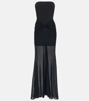 David Koma Tulle-trimmed Ruched Bustier Gown - Black