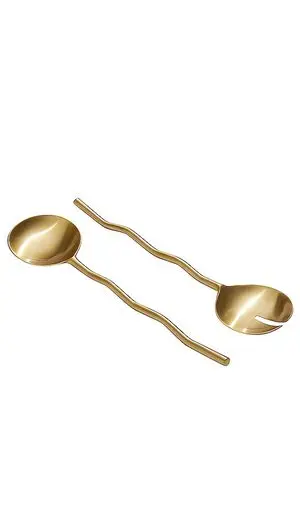 FAZEEK Wave Salad Servers Set Of 2 In Metallic Gold - Matte Brass