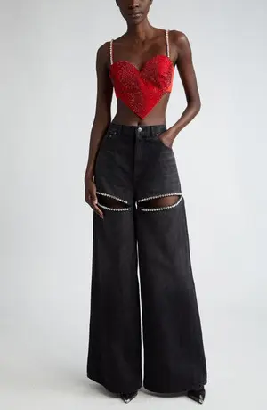 AREA Crystal Embellished Cutout Wide Leg Jeans - Black
