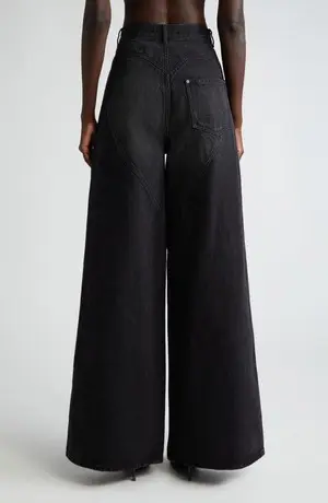 AREA Crystal Embellished Cutout Wide Leg Jeans - Black