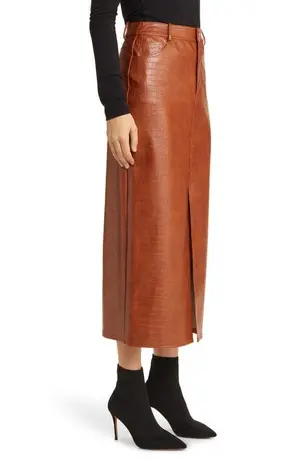 WAYF Croc Embossed Faux Leather Midi Skirt