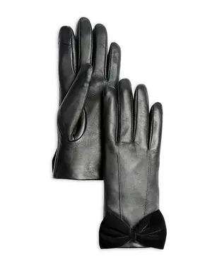 Aqua Leather Gloves With Velvet Bow - Black