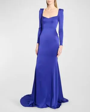 Alex Perry Satin Crepe Angled Portrait Long-sleeve Gown - Ultramarine