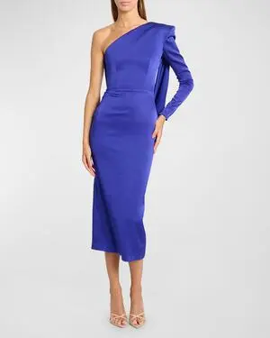 Alex Perry One-shoulder Long-sleeve Drape Satin Crepe Midi Dress - Ultramarine