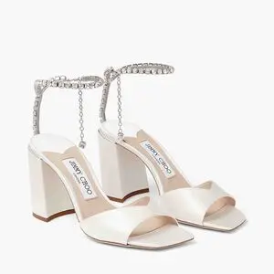 JIMMY CHOO Saeda 85 Ivory Crystal Chain Block Heel Sandals - Neutral
