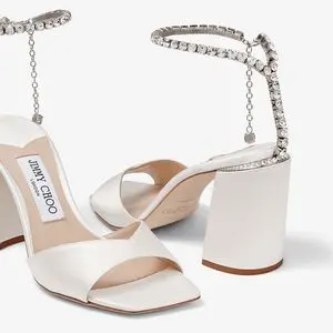 JIMMY CHOO Saeda 85 Ivory Crystal Chain Block Heel Sandals - Neutral