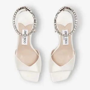JIMMY CHOO Saeda 85 Ivory Crystal Chain Block Heel Sandals - Neutral
